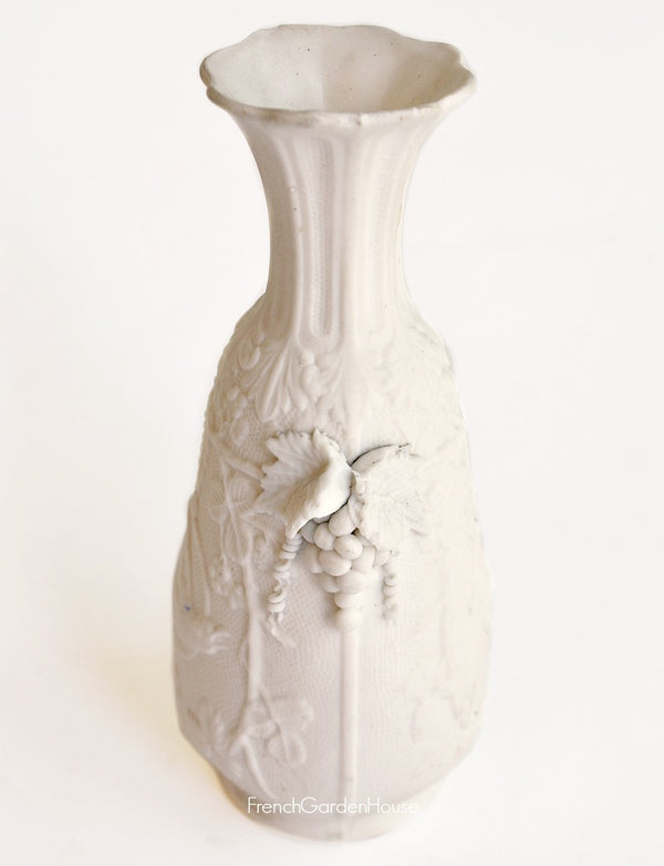 Antique Estate Parian Porcelain Vase Flowers & Bird - frenchgardenhouse