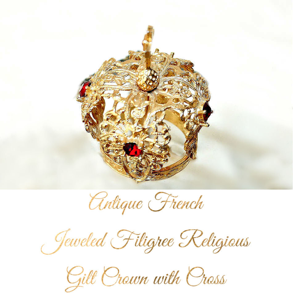 Antique French Jeweled Filigree Religious Gilt Crown with Cross ...