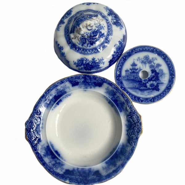 Antique Flow Blue Chinoiserie Scenes 3 piece Butter Dish ...